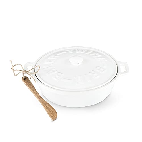Twine, Brie Baker with Lid, Acacia Wood Spreader, White Ceramic, Set of 1