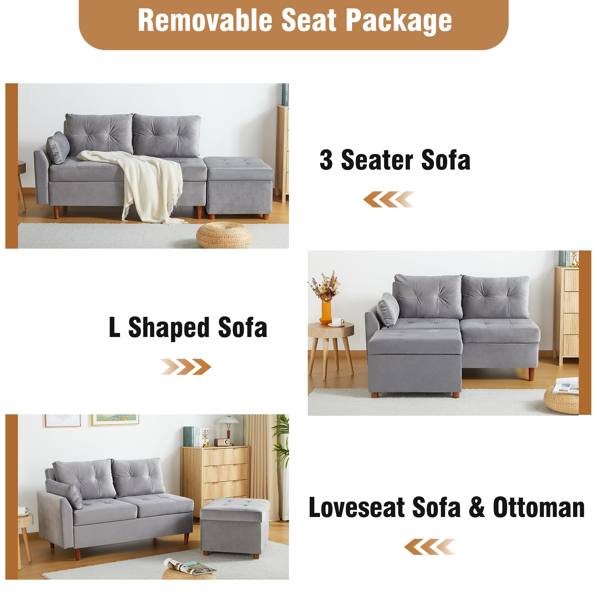 LEVNARY Sectional Sofa Chaise, L-Shaped Loveseat Couch with Storage Ottoman, Velvet Comfy Upholstered Sleeper Sofa Chaise Lounge for Living Room, Office, Apartment, Home (Gray)