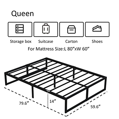 Richwanone 14 inch Queen Bed Frame Metal Platform Mattress Foundation with Steel Slat Support, No Box Spring Needed, Easy Assembly, Black