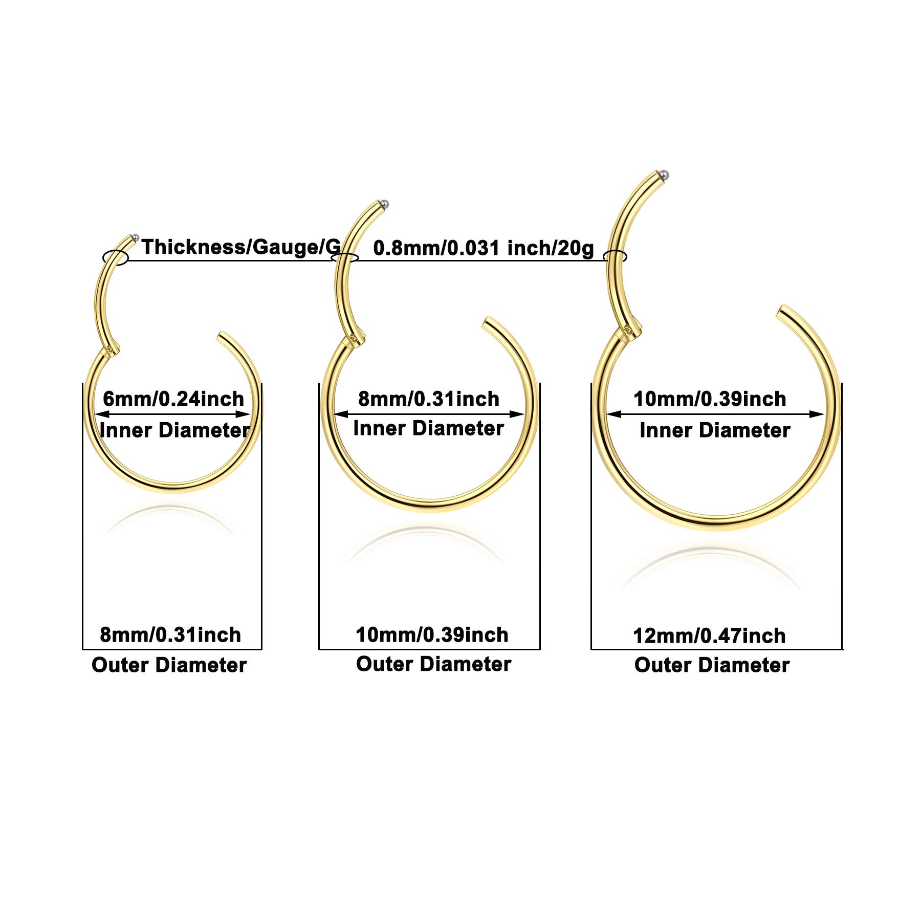 Lantine Gold Hinged 20g Cartilage Earring Hoop Nose Rings 6mm 8mm 10mm Set Clicker Triple Double Forward Helix Hoops Earrings(3Pcs a Set)