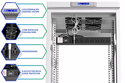 Sysracks 22U 35 Inch Deep Grey White Server Rack IT Network Data Rack Cabinet Enclosure Fully Lockable on Wheels - LCD Screen - Ventilation System - PDU - Glass Door - Rich Accessories Kit