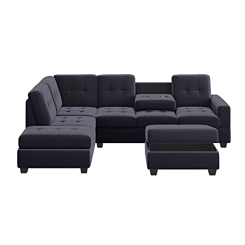 FANYE L-Shaped Oversized Corner Reversible Sectional Sofa Couch W/Chaise & Storage Ottoman,Modern 6 Seaters Velvet Upholstery Sofa&Couch with Cupholders for Home Office Apartment Living Room