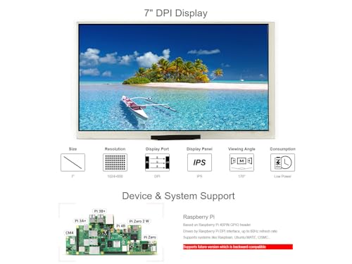 waveshare 7inch Display Compatible with Raspberry Pi 4B/3B+/3B/2B/B+/A+/Zero/Zero W/WH/Zero 2W Series Boards 1024×600 Resolution DPI Interface IPS No Touch