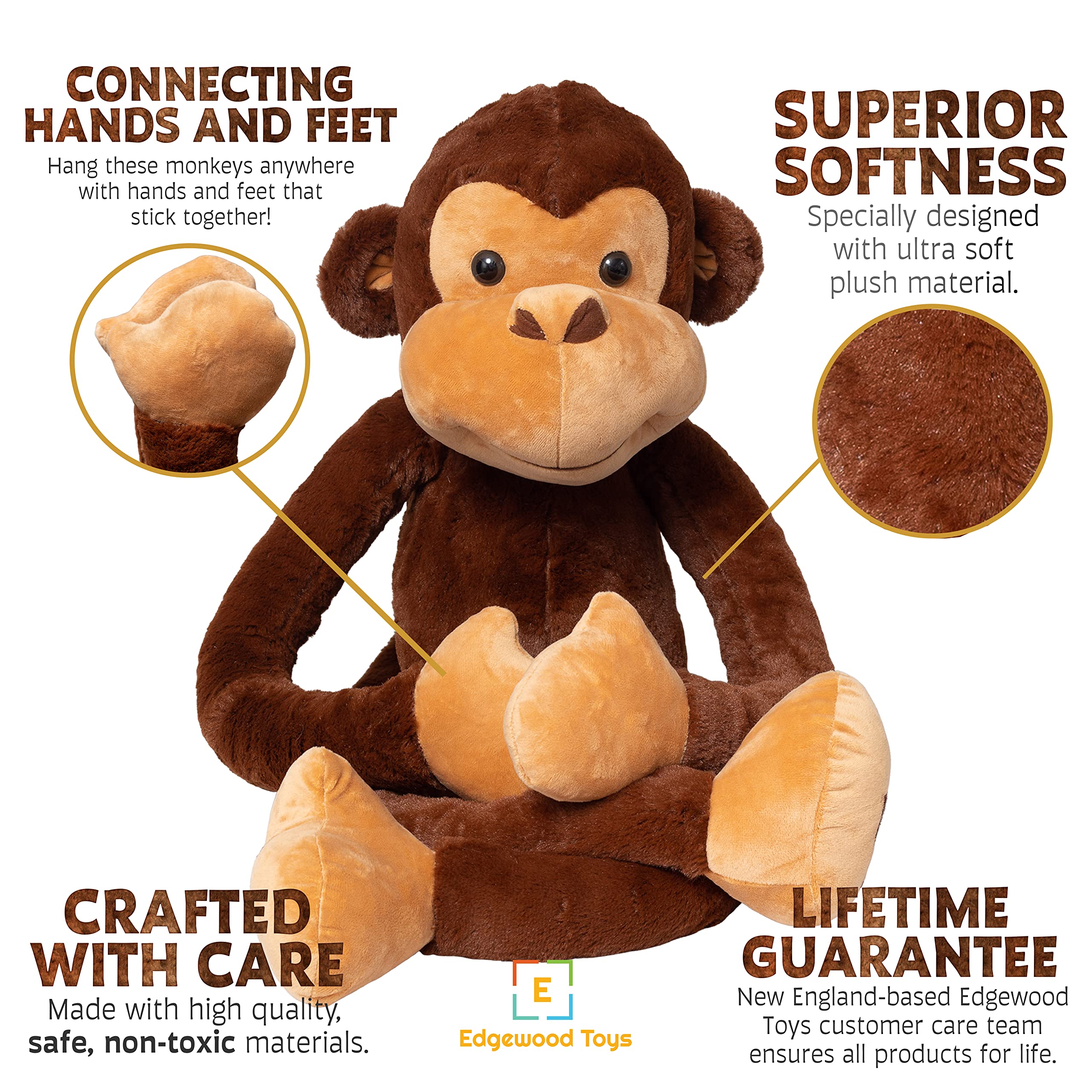 Giant 4ft Hanging Monkey Stuffed Toy - Ultra Soft, Connectable Hands & Feet, Perfect for Comfort & Decoration
