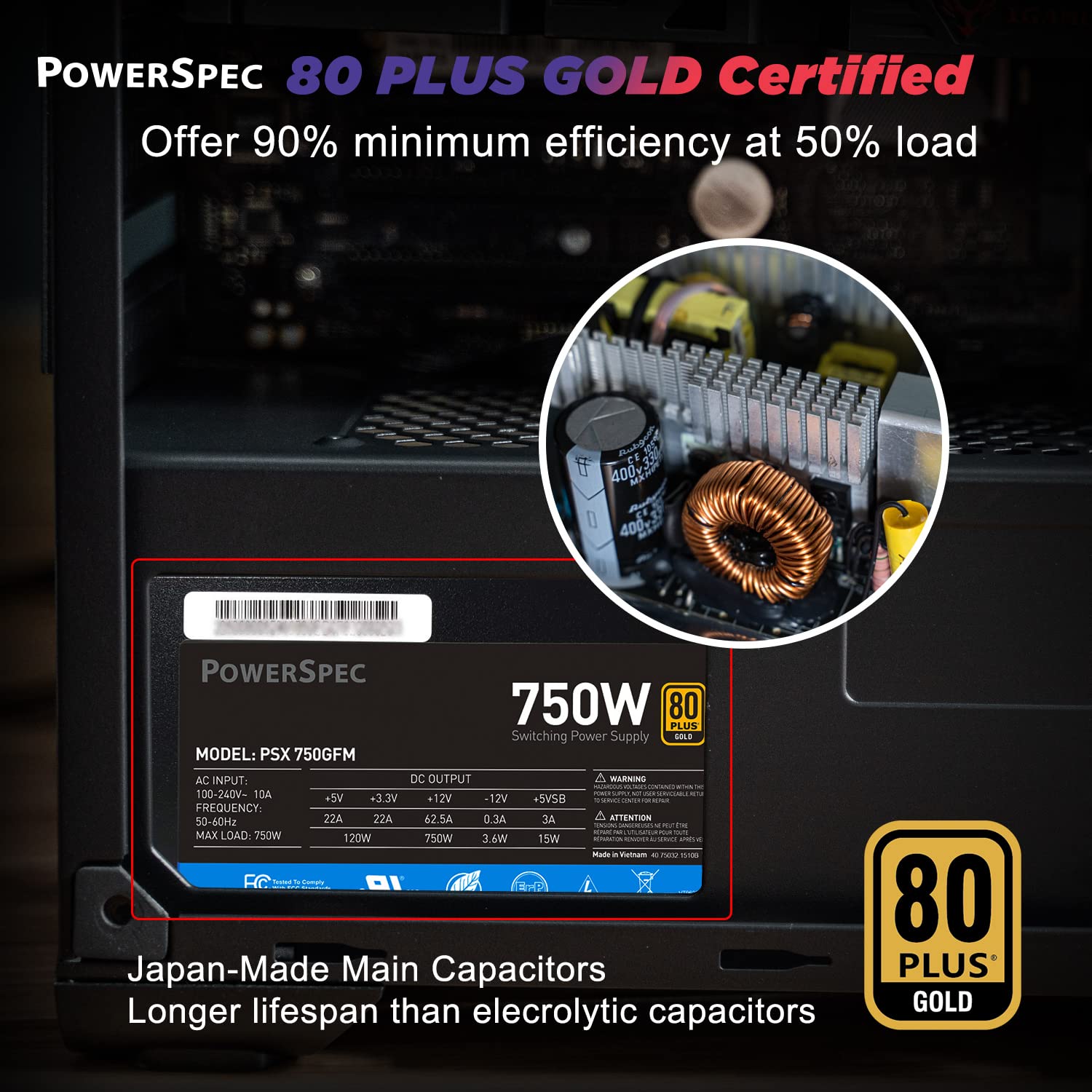PowerSpec 750 Watt 80 Plus Gold Fully Modular ATX Power Supply Active PFC SLI Crossfire Ready Gaming PC PSU Computer Power Supplies, PS 750GFM