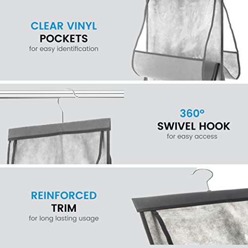 Zober Hanging Purse Organizer For Closet Clear Handbag Organizer For Purses, Handbags Etc. 8 Easy Access Clear Vinyl Pockets With 360 Degree Swivel Hook, Gray, 48β L x 13.8β W