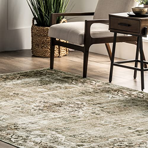 nuLOOM Paisley Machine Washable Faded Floral Border Medallion Ultra Thin Area Rug, 8' x 10', Beige