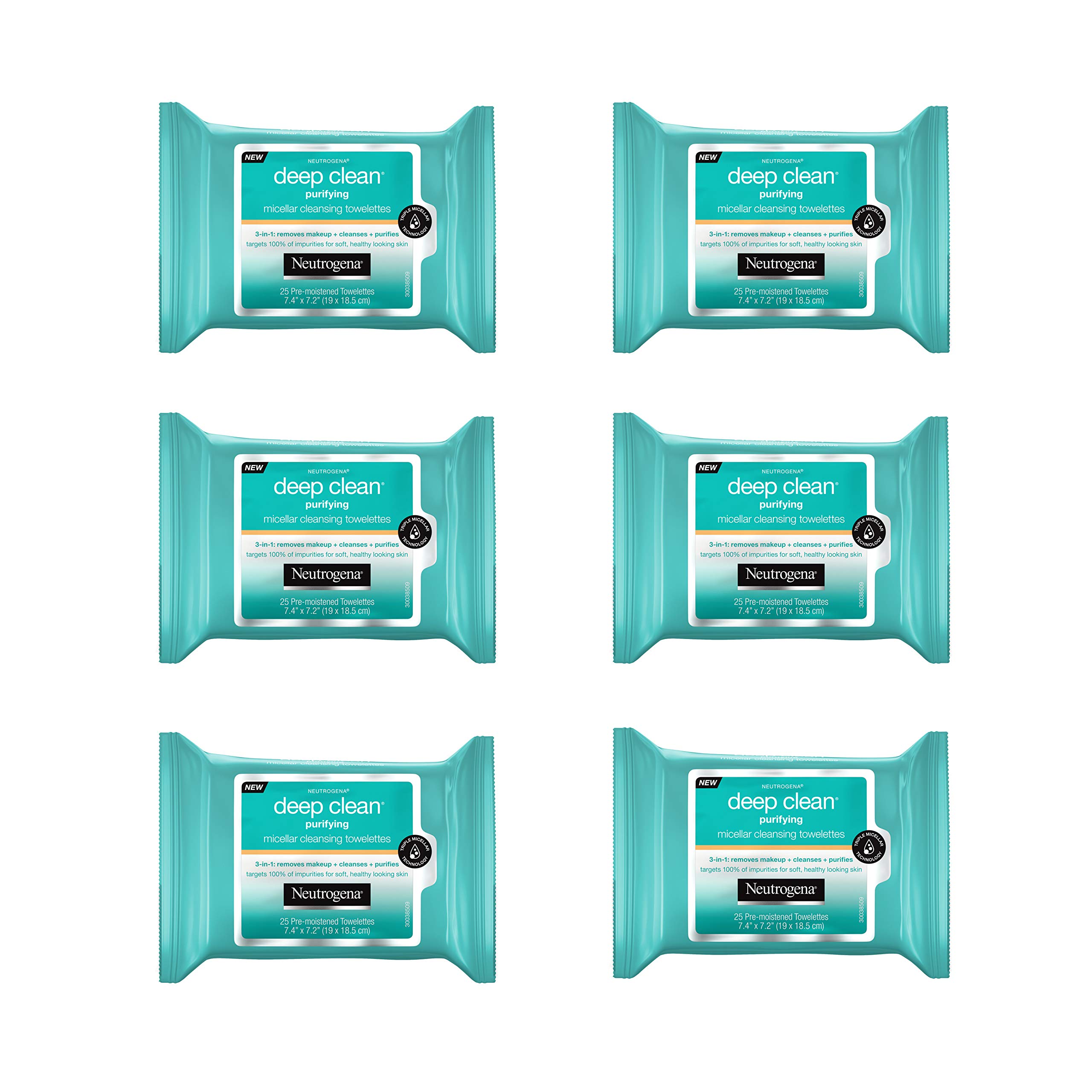 Neutrogena Deep Clean Purifying Micellar Cleansing Makeup Remover Wipes, 25 Count, Pack of 6
