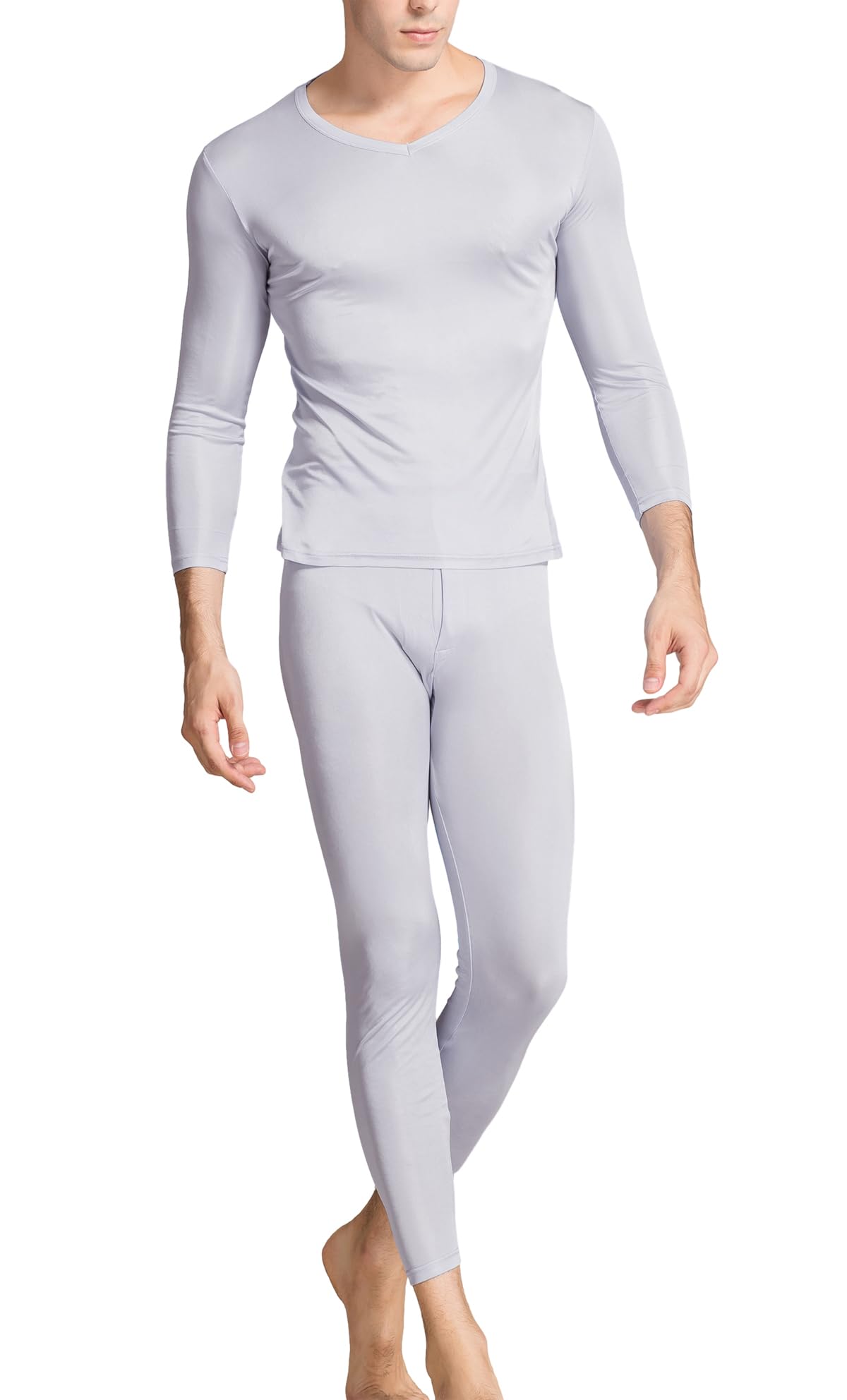 Grenasasilk Men's Silk Long Johns Mulberry Silk Long Underwear V-Neck Breathable Thermal Underwear Sets & Undergarments (L, Silver Grey)