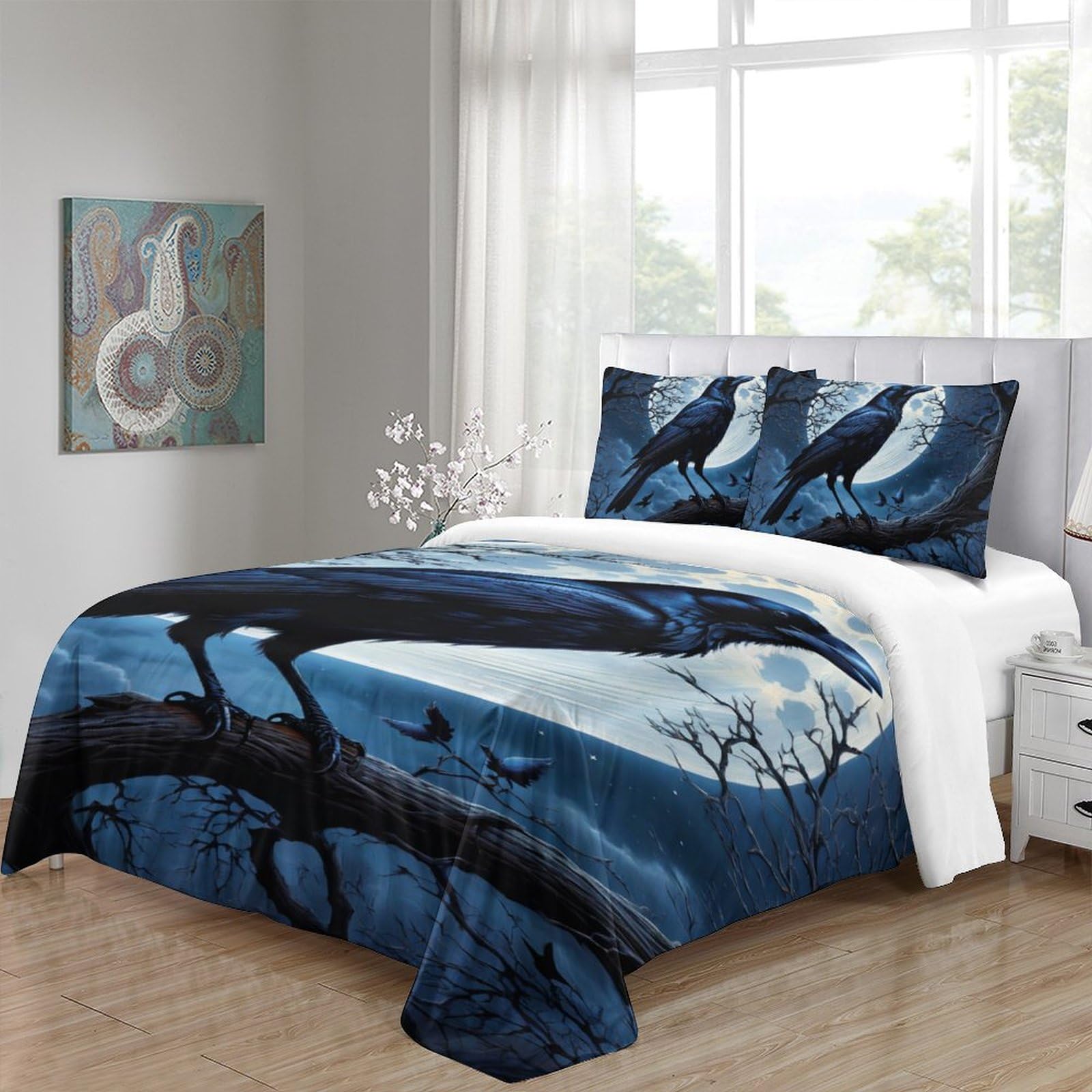 EVMILA Gothic Crow 3D Print Eerie Night for Boys Girls Quilt Cover Comforter Covers Duvet Cover Soft Microfiber with Zipper Closure with Pillow Cases Bedding Set 3 Pieces Twin(173x218cm)