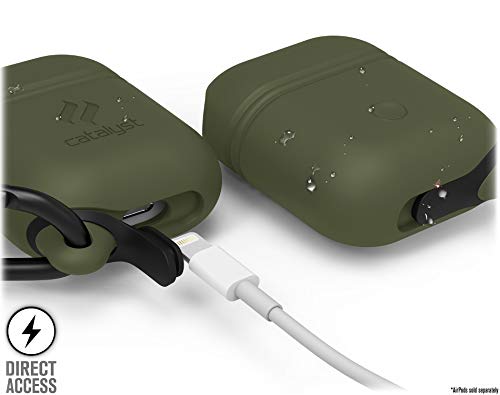 Waterproof Airpods Case 2 & 1 Cover by Catalyst, Shockproof and Drop Proof air pods Protective Cover Soft Skin, Carabiner, Silicone Sealing, Compatible Wireless Charging - Army Green