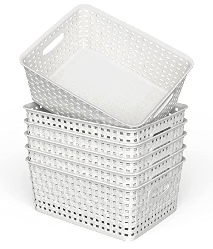 Woven Plastic Storage Baskets, 6 Pack White Weave Bins Organizer, 10.1" x 7.55" x 4.1"