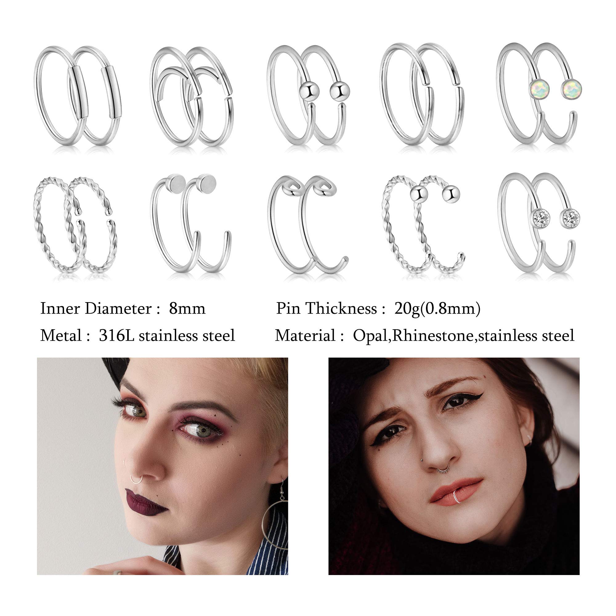 Sunligoo Nose Rings 20G 38Pcs Stainless Steel Nose Studs CZ L Bone Screw Shaped Silver Hoop Nose Ring Labret Nose Piercing Jewelry for Women Men