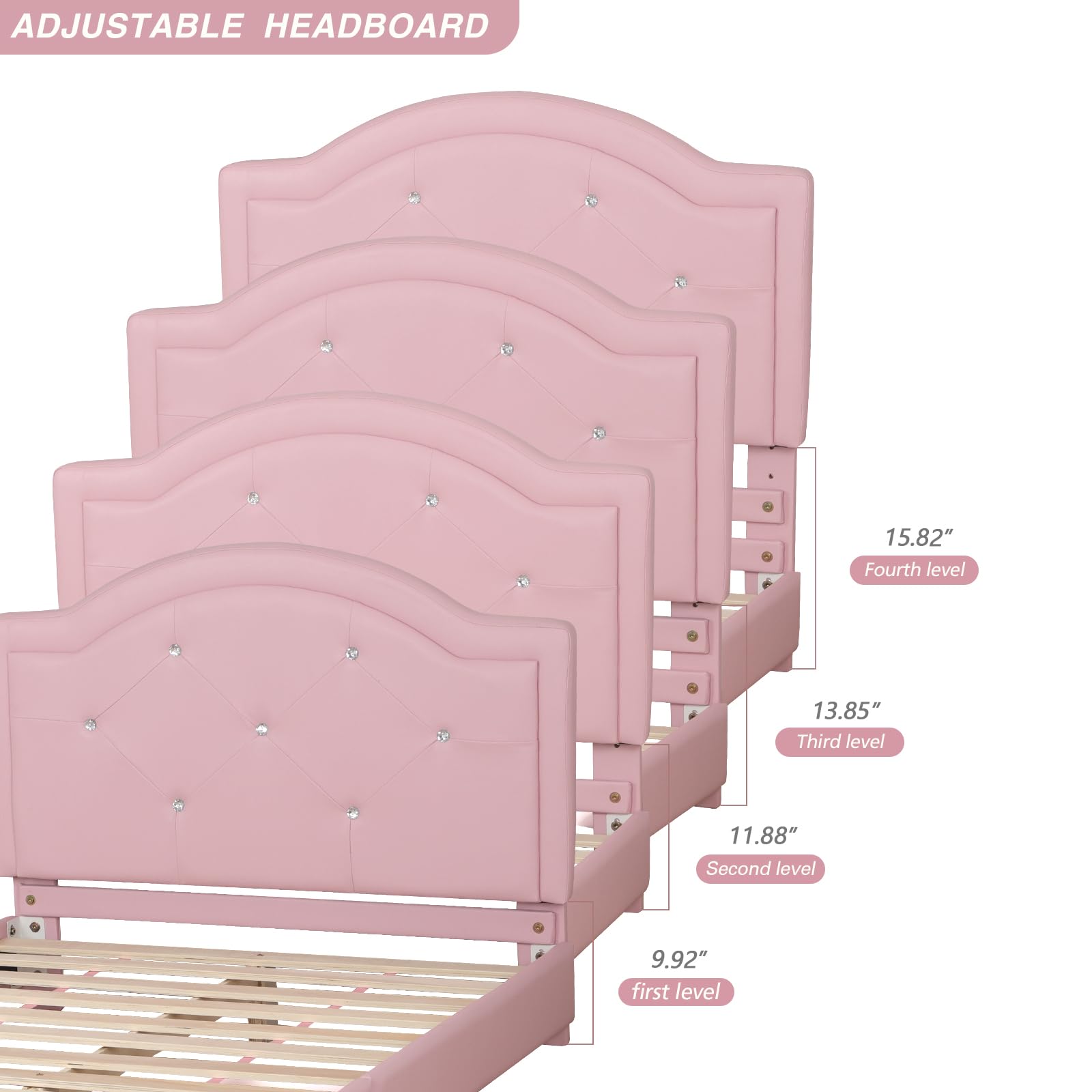 Leather Kids Twin Bed , Crystal Button Adjustable Height Headboard Children's Bed, Wooden Slat Base Toddler Bed ,Upholstered Twin Bed for Kid, Fits Standard Twin Mattress(75"Wx39"D) (Pink)
