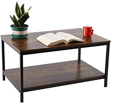 SENIG Coffee Table, Small Coffee Table for Living Room, Coffee Tables with Storage Shelf，Brown Coffee Tables for Small Spaces, Rectangle Wood Table Metal Side End Table, Center Table for Living Room