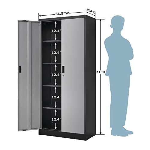 YEEZER Metal Garage Storage Cabinet - 71" Steel Lockable File Cabinet with 2 Doors and 4 Adjustable Shelves. Locking Cabinet for Home, Office, Garage, Gym, School