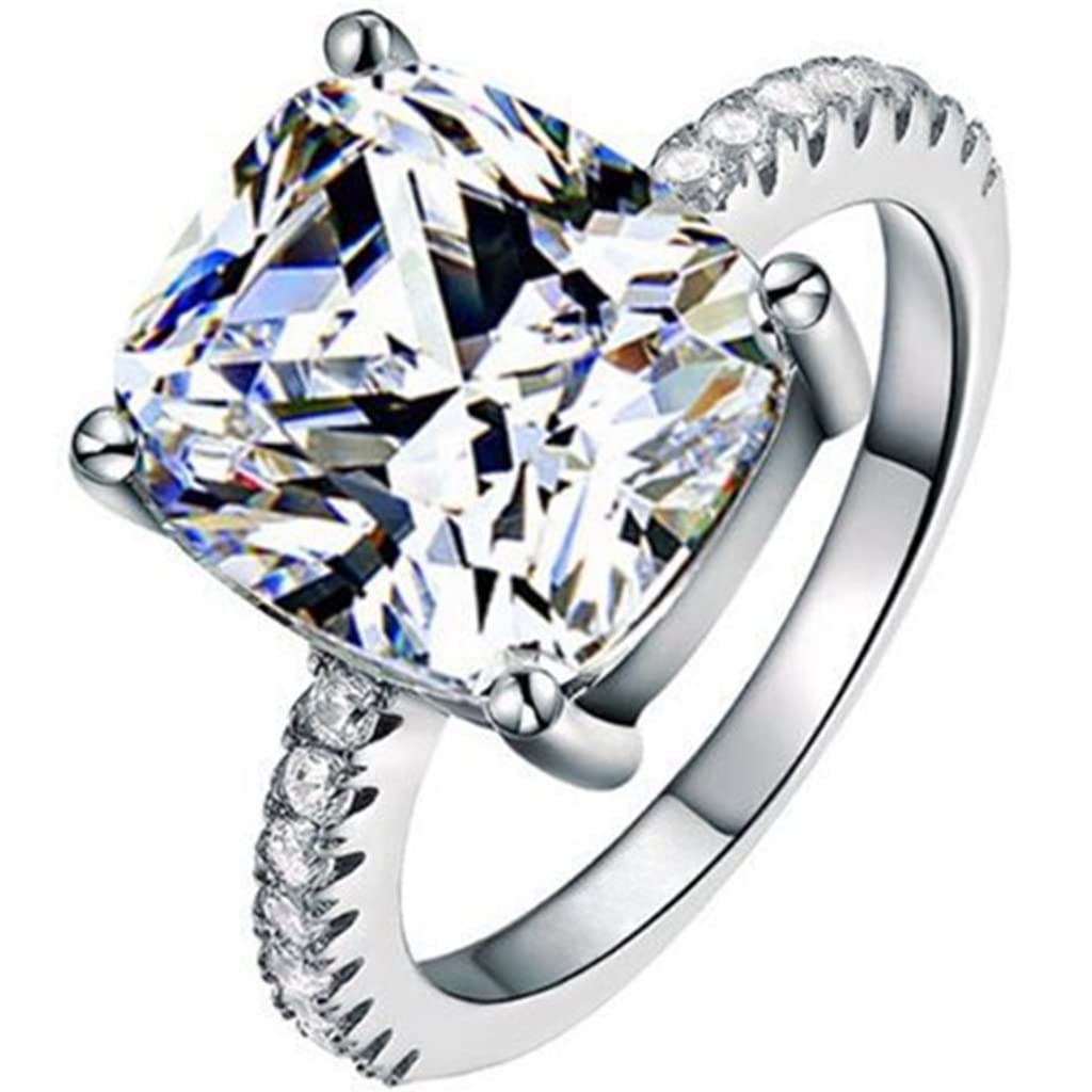 Platinum Plated Huge Size Cubic Zircon Stone Princess Cut Wedding Engagement Proposal Ring (Silver, 5)