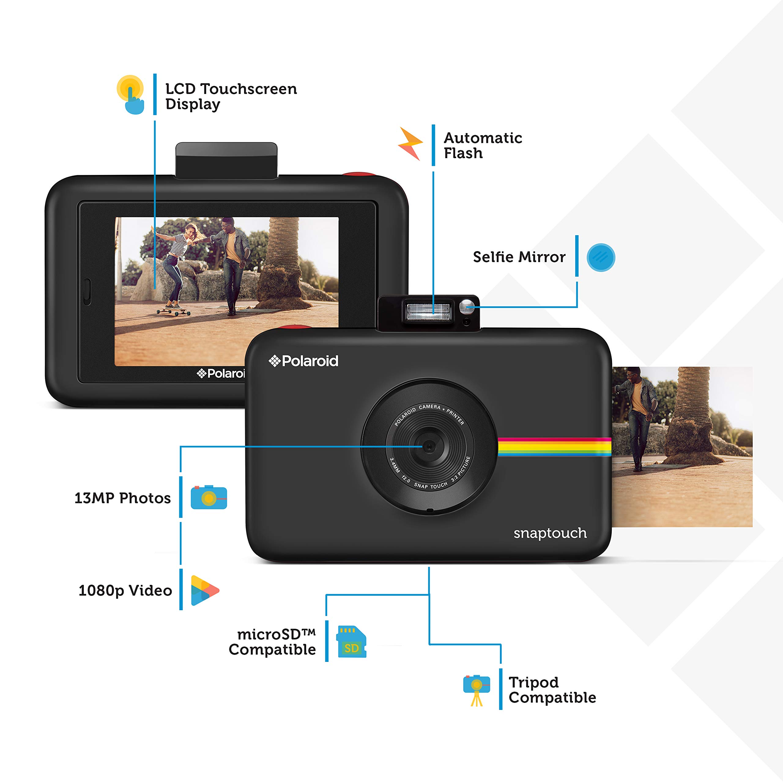 Zink Polaroid SNAP Touch 2.0 β 13MP Portable Instant Print Digital Photo Camera w/ Built-In Touchscreen Display, Black
