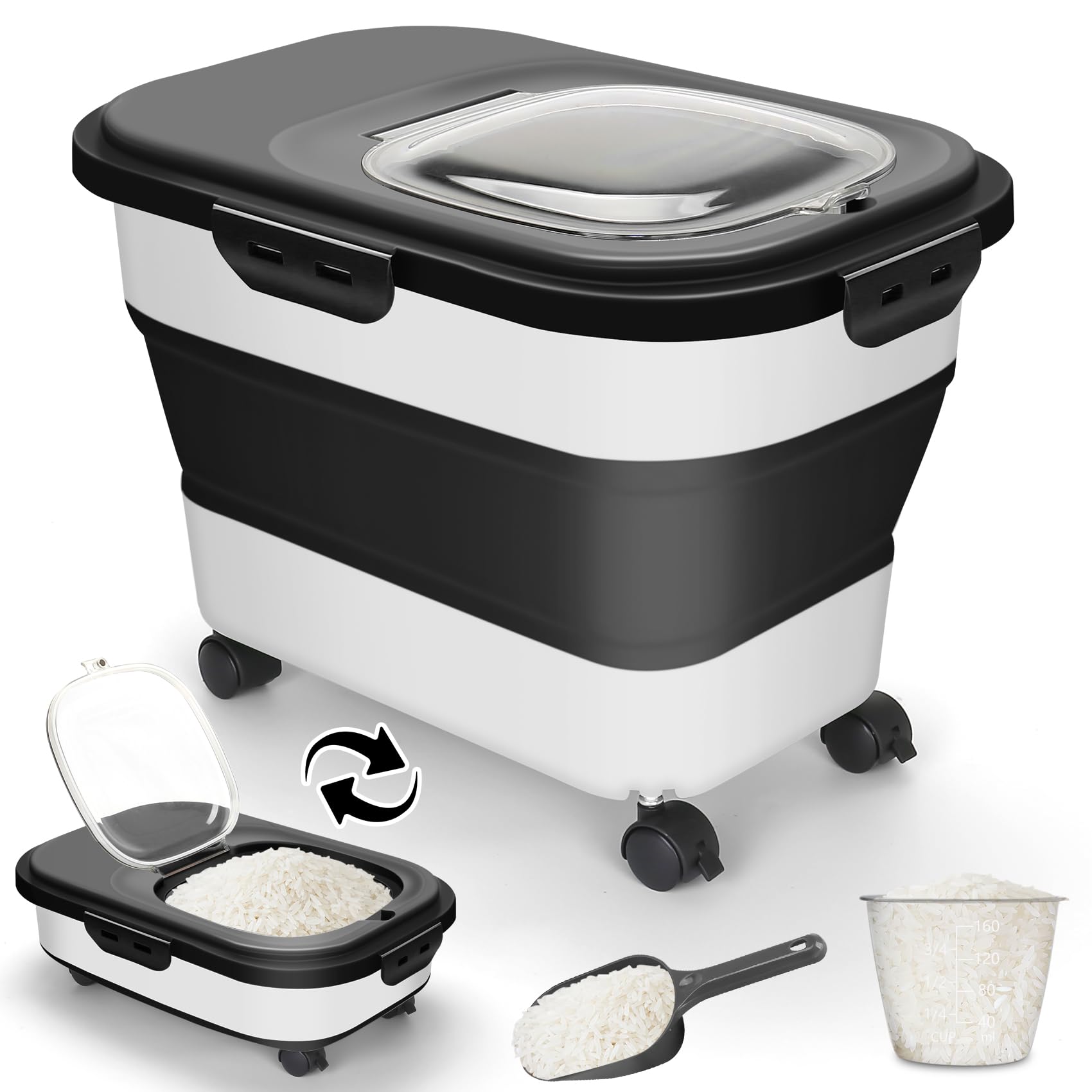 Rice Storage Container, 20-30Lbs Airtight Large Dog Cat Food Storage Containers with Wheels, Scoop & Measuring Cup, Collapsible Kitchen Flour Bin, Dry Food Storage Holder for Rice Kibble Pet Food
