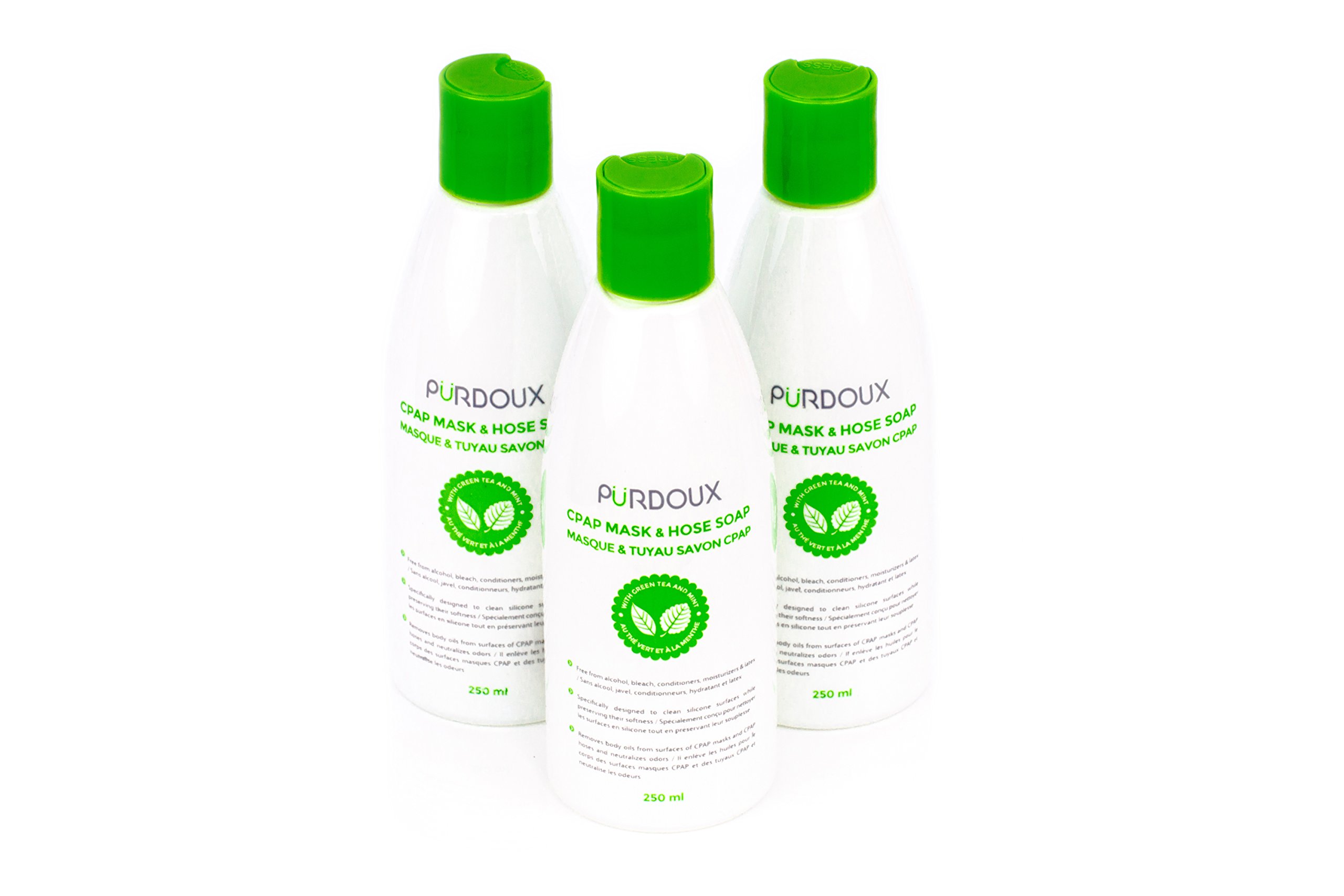 PURDOUX™ CPAP Mask & Hose Cleaning Soap (Pack of 3 Bottles, 250 ml / 8.4 oz Each) (3 x Green Tea-Mint Scent)