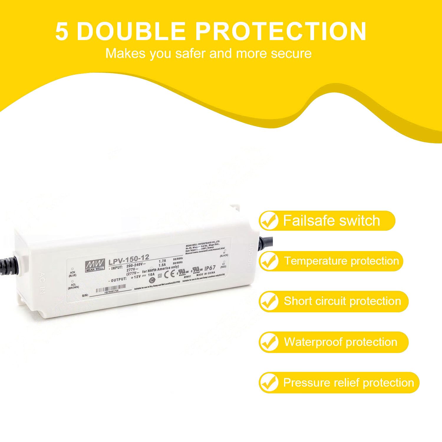 Mean Well LPV-150-15 15V 8A 120W Single Output Switching Power Supply, Universal AC Input, Industrial-Grade, for LED Signage, Automation Systems, Test Instruments