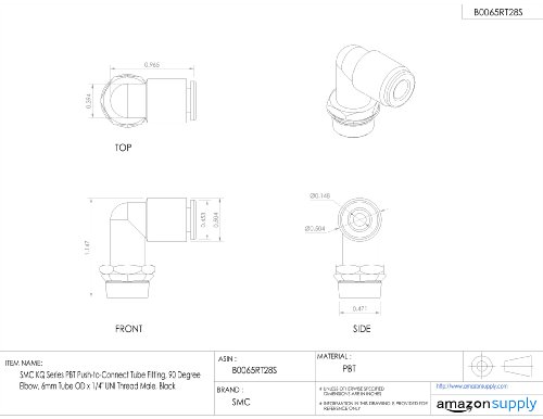 SMC KQ Series PBT Push-to-Connect Tube Fitting, 90 Degree Elbow, 6mm Tube OD x 1/4" UNI Thread Male, Black