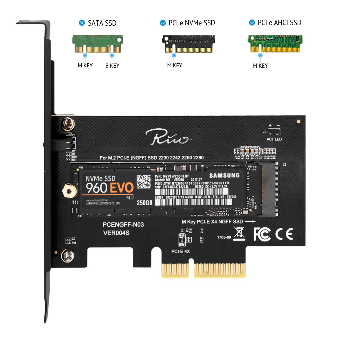 Rivo PCI-E Riser PCIe M.2 PCIe SSD to PCIe Express 3.0 x4 Adapter Card - Supports M2 NGFF PCI-e 3.0, 2.0 or 1.0, NVMe or AHCI, M-Key, 2280, 2260, 2242, 2230 Solid State Drives