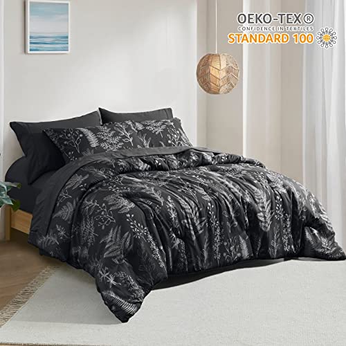 PHF Soft Printed Comforter Sets California King-7 PCS Bed in A Bag Comforter & Sheet Set-Botanical Cozy Bedding Set Include Comforter, Pillow Shams, Flat Sheet, Fitted Sheet and Pillowcase, Black