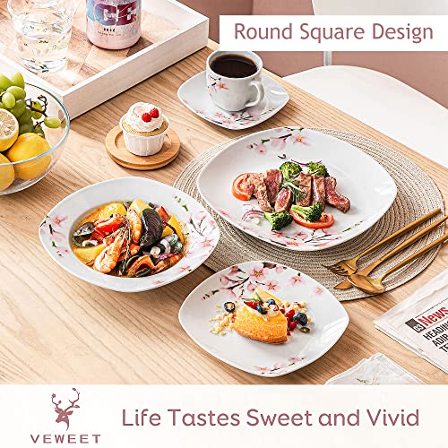 VEWEET, Series Annie, 30-Piece Porcelain Dinnerware Set with Pink Floral Pattern, White Plates and Bowls Sets including Dinner Plates, Dessert Plates, Soup Plates Set, Cups & Saucers, Dishes Set for 6