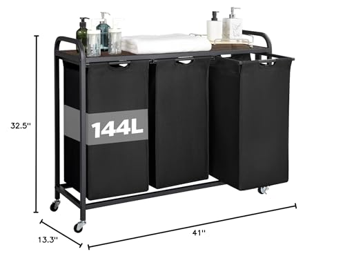 Lineware Laundry Hamper, Laundry Basket 3 Section, 3 ร 12.7 Gal (144L), Laundry Sorter with Top Shelf, Upgrade larger Rolling Laundry Basket with 3 Pull-Out Organizer Bags and Wheels (B-BLACK)