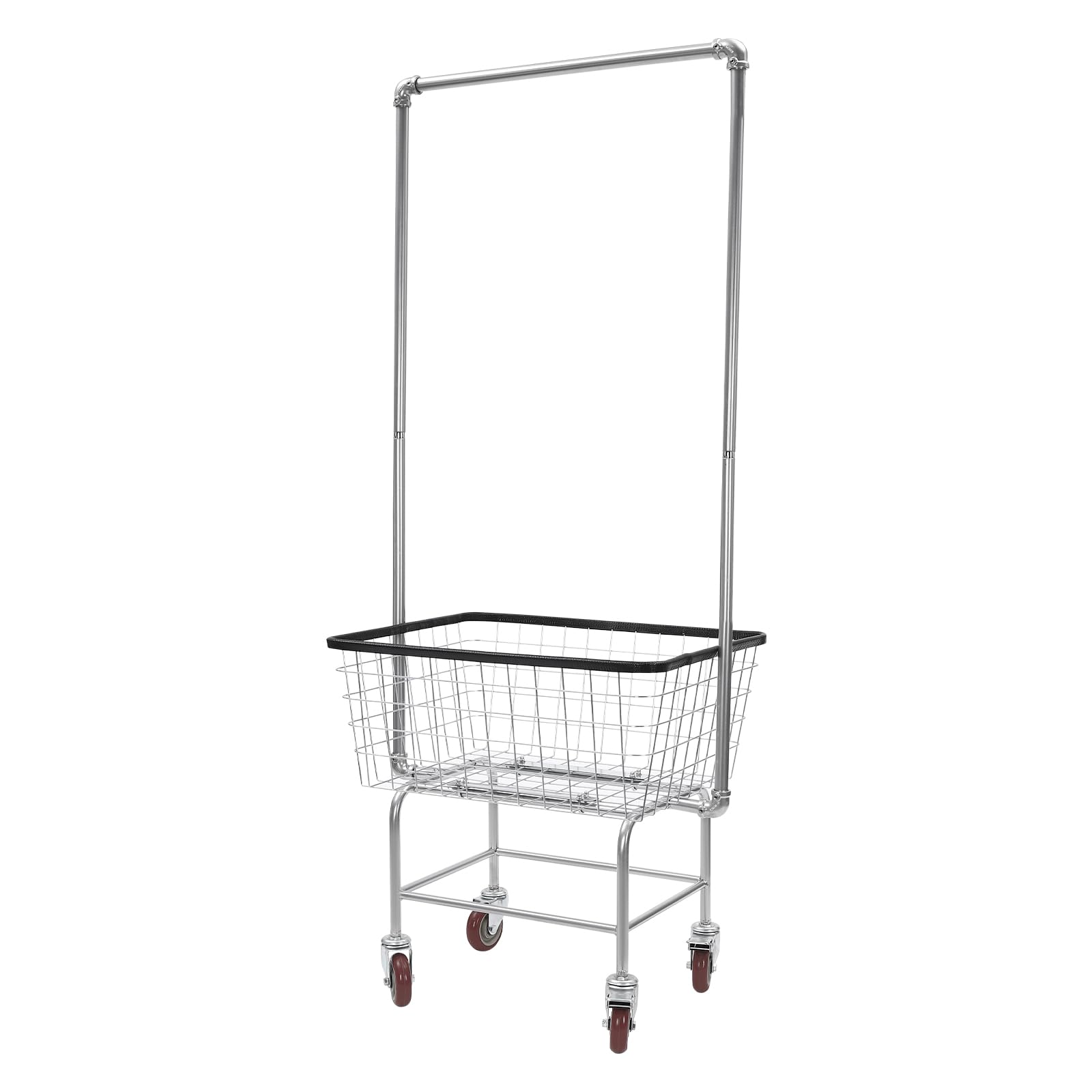 Heavy Duty Wire Laundry Cart, Rolling Laundry Basket with Hanging Garment Rack & Universal Wheels, Commercial Laundry Hamper Cart, Freestanding Laundry Storage and Organization