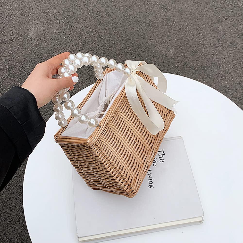 Pearl Handle Rattan Handbag, Straw Shoulder Bag Tote Bags, Mini Basket Handbag