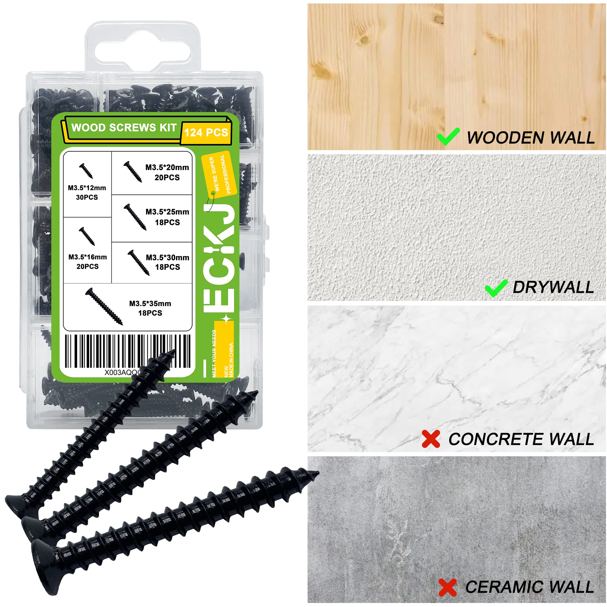 ECKJ M3.5 Flat Head Wood Screws Assortment Kit Phillips Drive Countersunk Head Self-Tapping Screws Short Small Carbon Steel Black Fasteners 124pcs 6 Sizes of Length 12/16/20/25/30/35mm