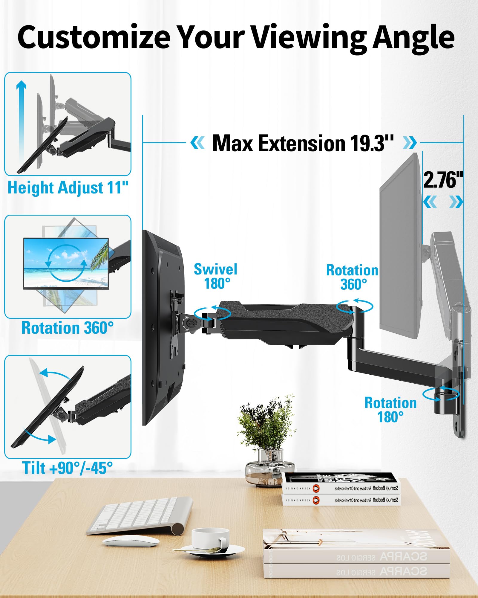 MOUNTUP Single Monitor Wall Mount for Max 32 Inch Computer Screen, Fully Adjustable Gas Spring Monitor Arm, Wall Mounted Monitor Holder Support 2.2-17.6lbs Display, VESA Bracket Fit 75x75mm, 100x100mm