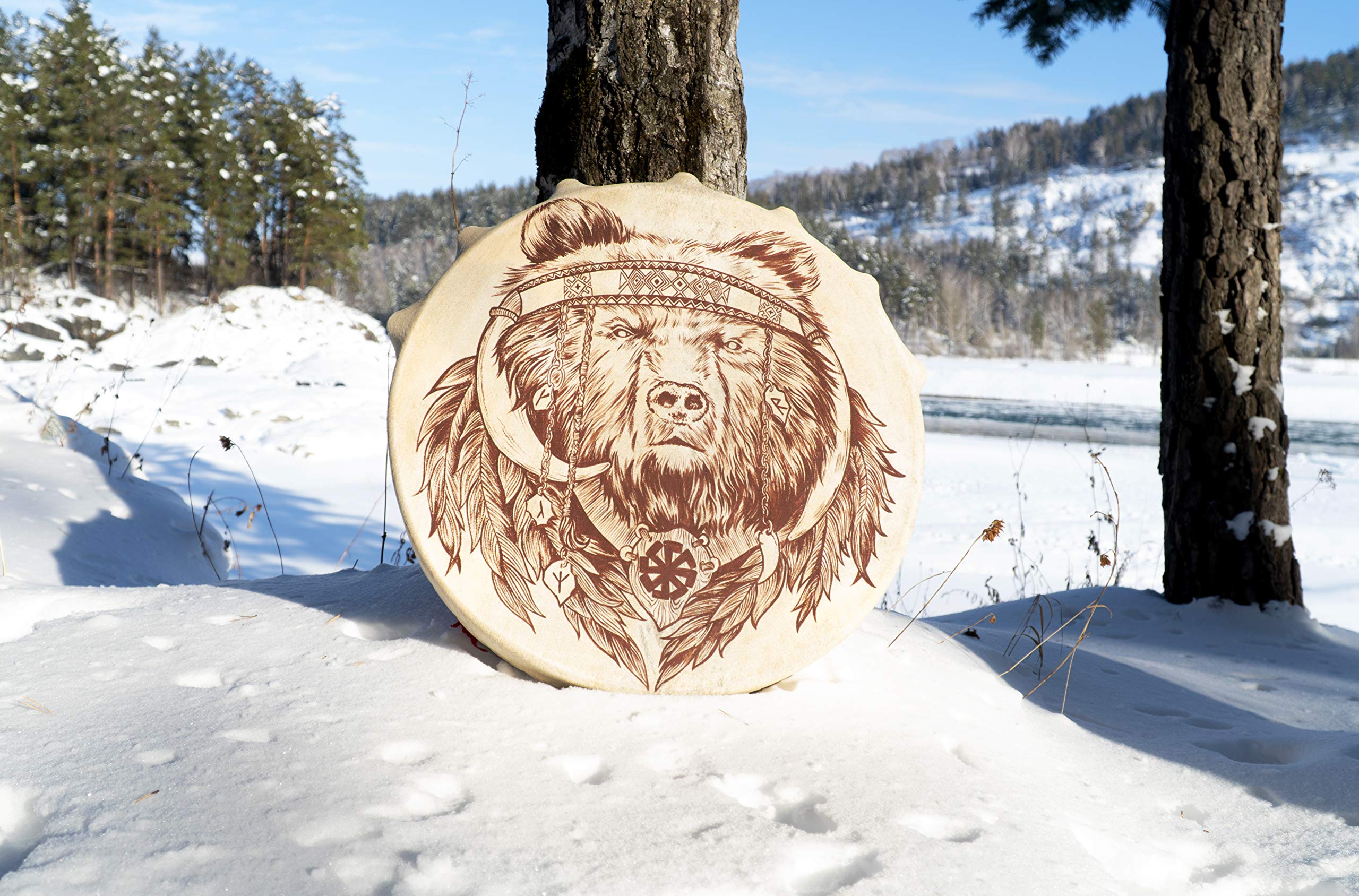 Siberian round shaman drum 19" (50 cm) with drawing of a bear/authentic tambourine/with beater and case included