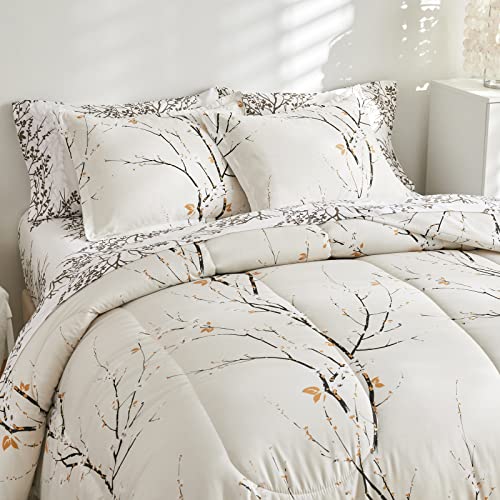 UOZZI BEDDING Cream White Bed in a Bag Twin 6 pc Branch Style All Season Soft Microfiber Reversible Bed Comforter Set (1 Comforter 2 Pillow Shams 1 Flat Sheet 1 Fitted Sheet 1 Pillowcases)