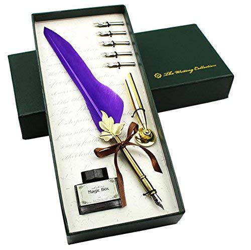 Vintage Feather Quill Pen with Ink Set Antique Feather Calligraphy Writing Drawing Pen with Pen Holder for Kids Friend Birthday Holiday ChristmasGift Set (Purple)