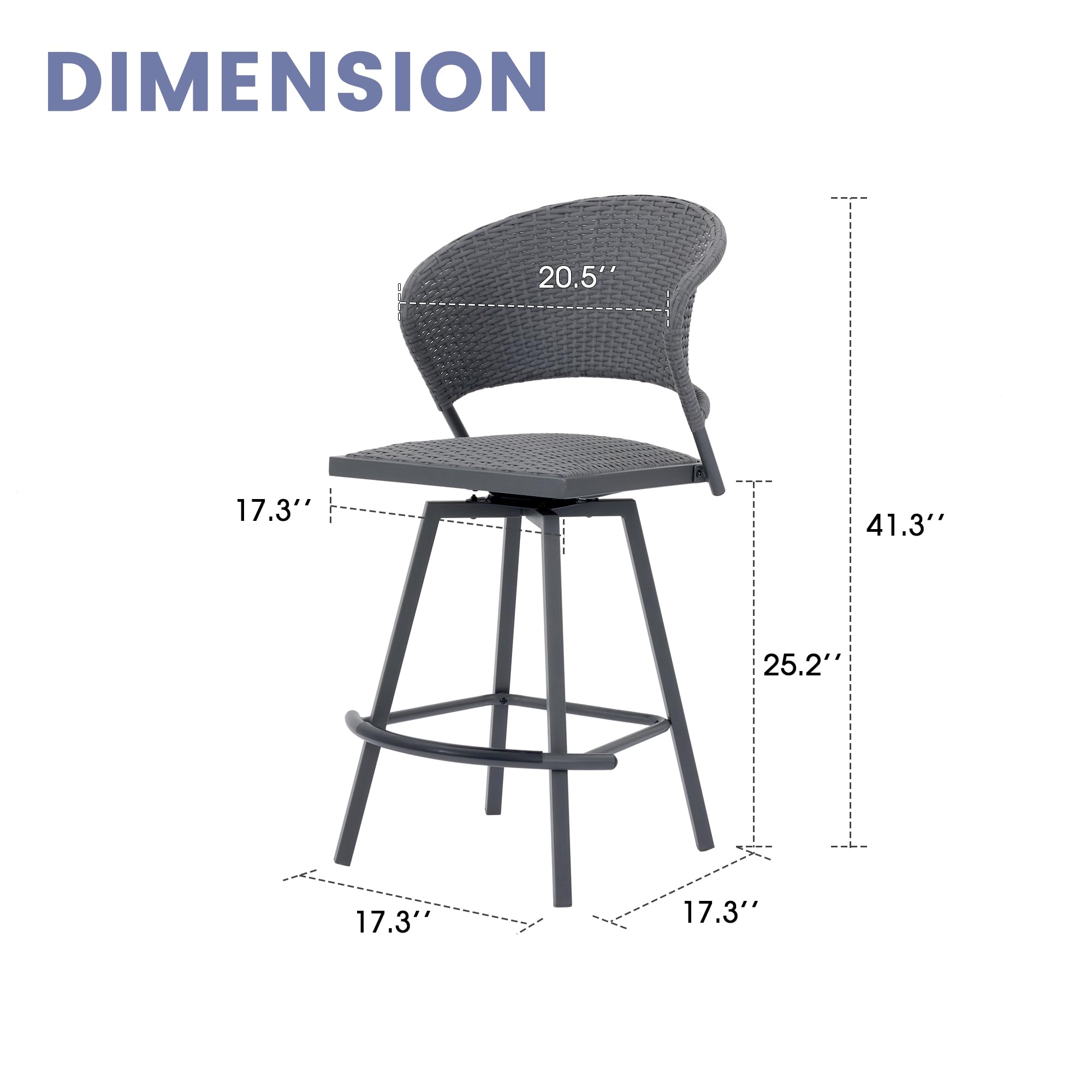 VICLLAX Outdoor Swivel Bar Stool Set of 6, Patio Bar Chairs Metal Counter Height Bar Stools Wicker Barstools for Garden Balcony Porch, Light Grey
