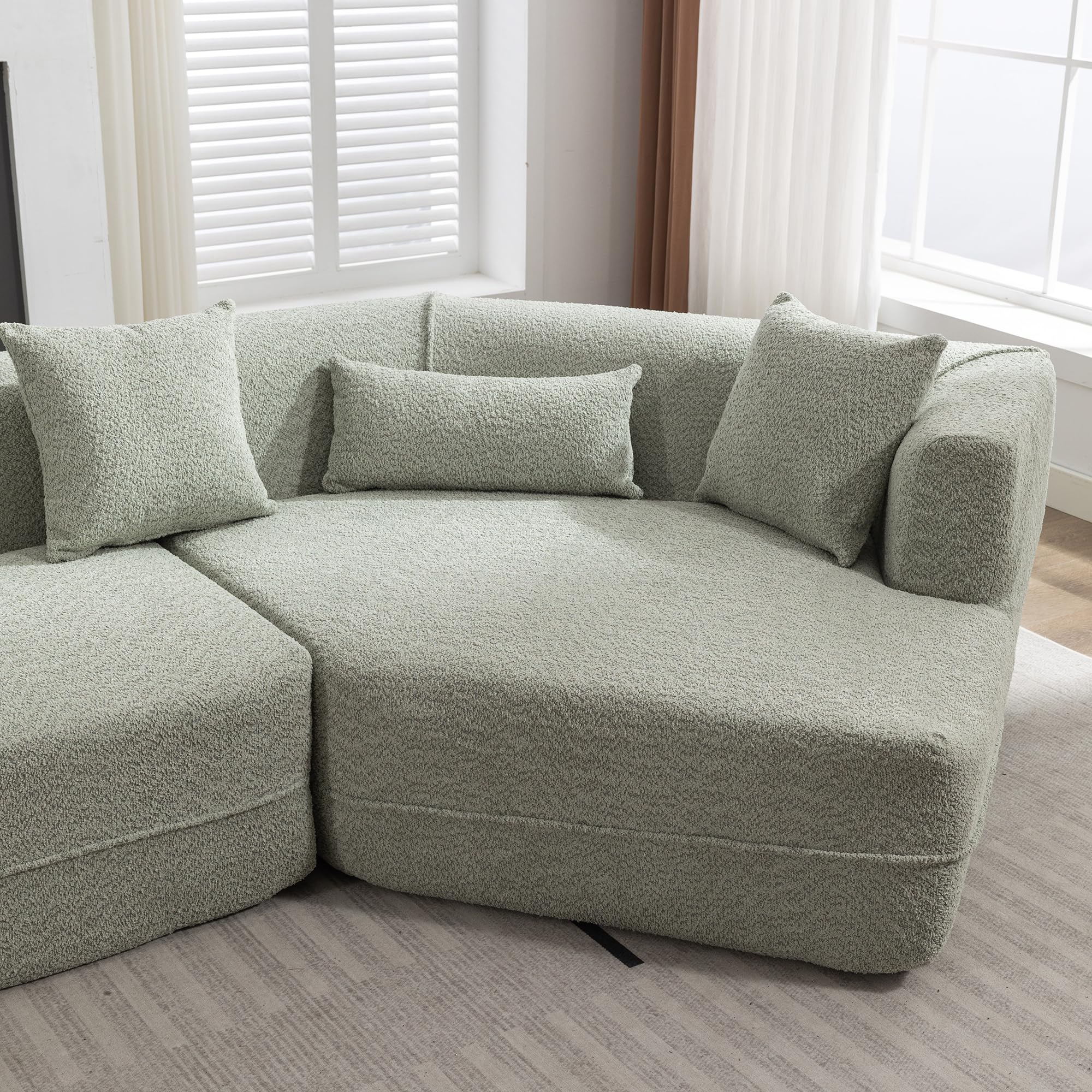 Modern Minimalist Style Modular Sofa Couch with 5 Pillows, 2 PC Combinated Couch, Anti-Wrinkle Boucle Fabric Sofa Set, Max 4 Seater L-Shaped Sofa for Living Room Reception Room (Light Green)