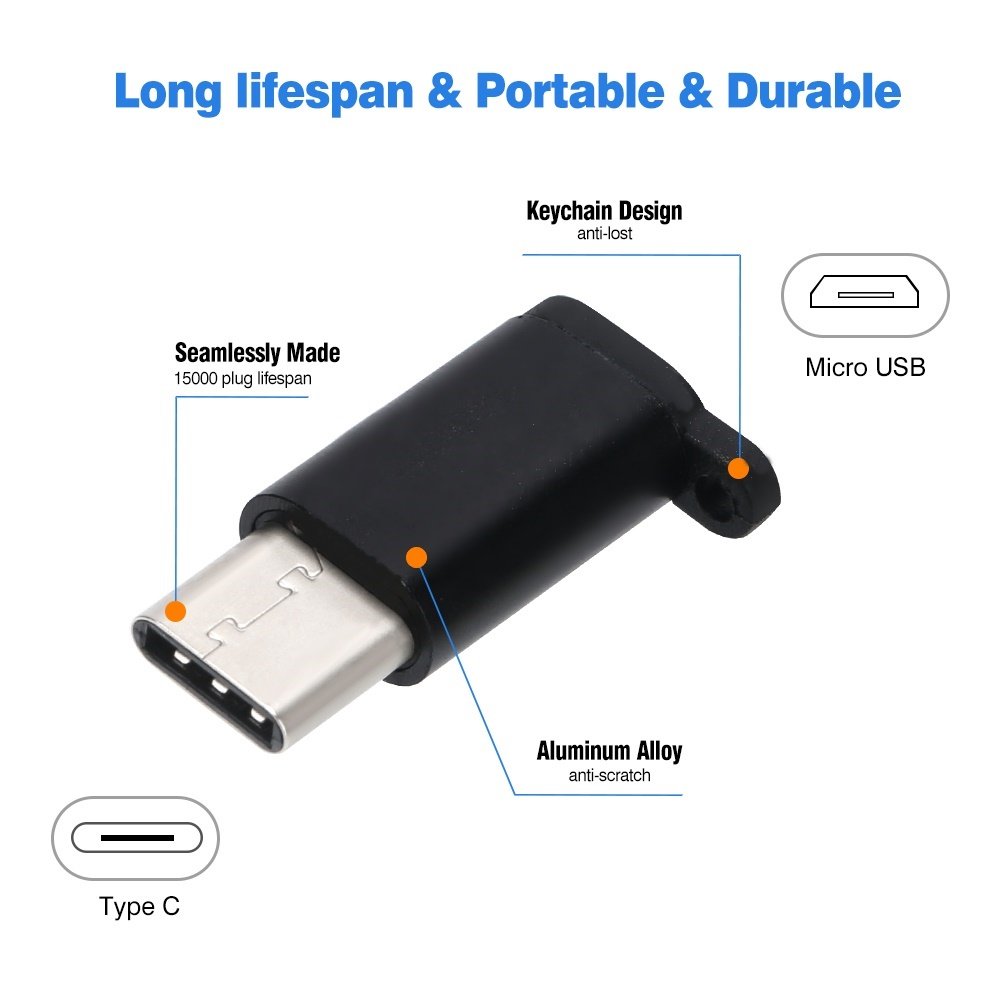 USB Type C Adapter 10 Pack Micro USB Female to USB-C Male Converter Android Cable Connector with Keychain Charger fit Samsung Galaxy S10 S9 S8 Plus S9+ Note 10 10+ 9 8 LG V30 V20 G7 G6 G5 Pixel 3 Moto