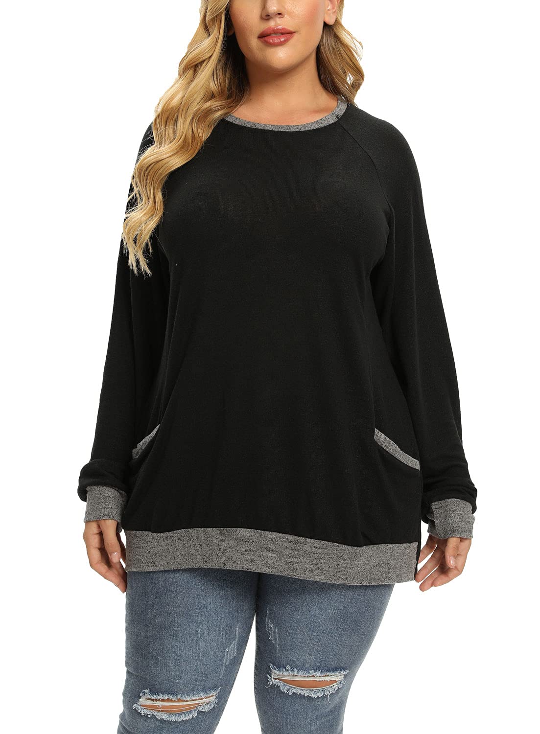 Plus Size Sweatshirts for Women, Long Sleeve Fall Crewneck Tunic Tops with Pockets for Leggings Black 3X