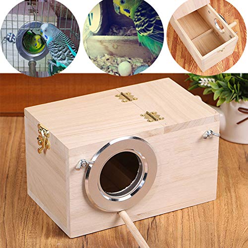 POPETPOP Wooden Bird Nesting Box, Parrot Clear View Window, Lovebirds Breeding Box, Bird Nesting Feeding Station House - Size S (Left or Right Open Window)