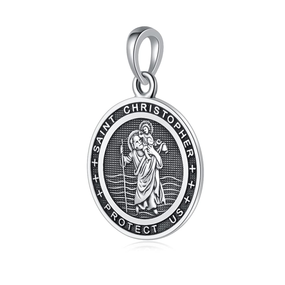 VENICEBEEĀ® Saint Christopher Protect Us Medal St. Christopher Protection Devotional Christian Amulet Solid 925 Sterling Silver Pendant Necklace + Velvet Pouch, Polishing Cloth, Fine Gift Box
