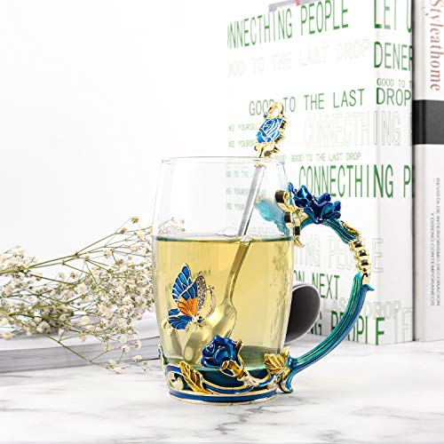 WOBOX 330ML Enamel Tea Cup Glass Coffee Mug Handmade Rose Flower Tea Mug for Valentineās Day, Birthday, Christmas Gift with Stainless Steel Spoon Set