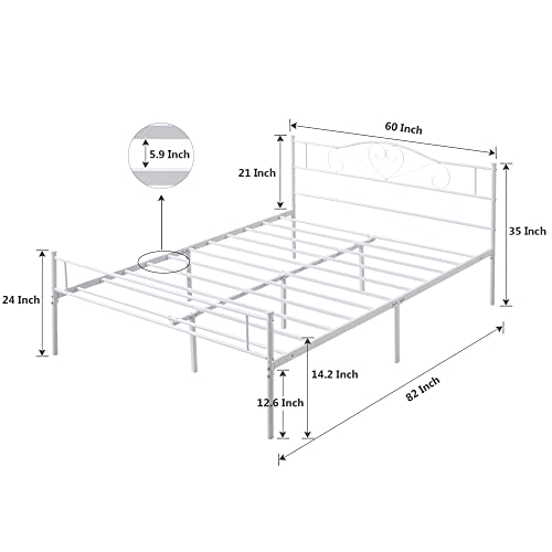 VECELO 14 Inch Queen Size Metal Platform Bed Frame with Headboard and Footboard, Heavy Duty Mattress Foundation with Steel Slats Support, No Box Spring Needed, White