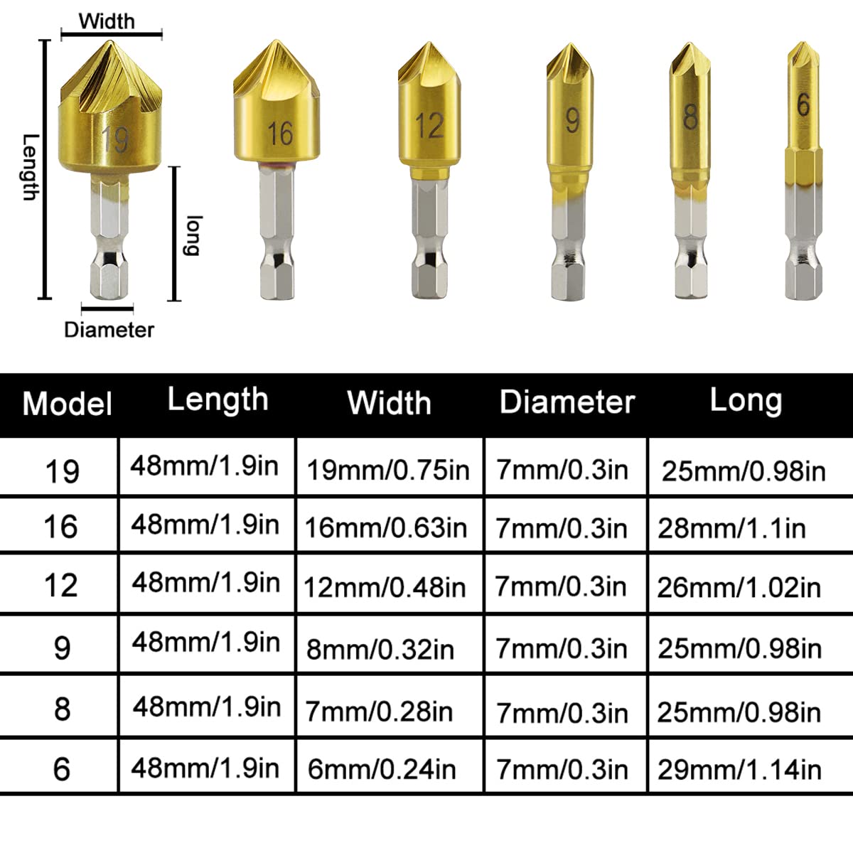 Countersink Drill Bit Set 6 Pcs 5 Flute Counter Sinker Drill Bits and 90 Degree Center Punch Tools HSS 1/4" Hex Shank for Wood Metal Quick Change 6-19mm (7)