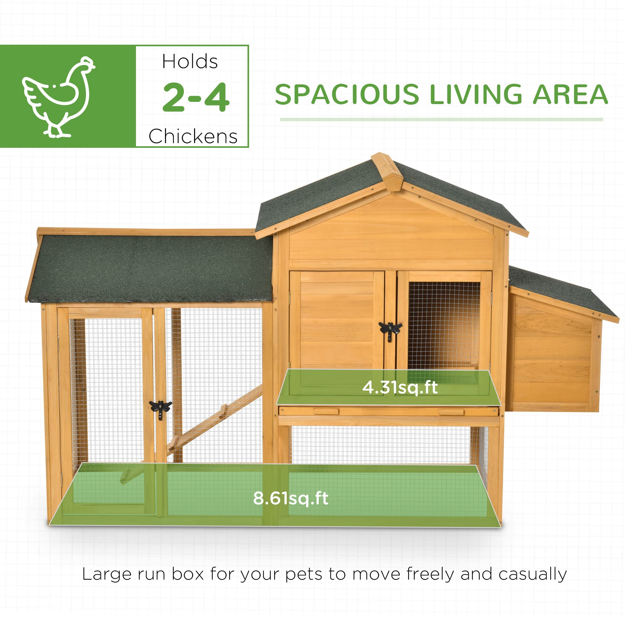 PawHut 66" Wooden Chicken Coop, Outdoor Hen House, Poultry Habitat with Removable Tray, Nesting Box, Ramp