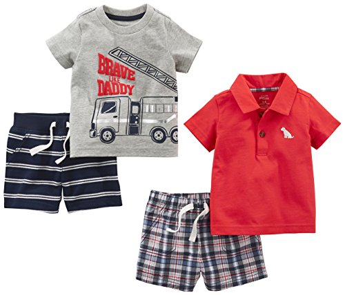 Simple Joys by Carter's Baby 4-piece Playwear Set, Red Plaid/Fire Truck/Blue Stripe, 18 Months