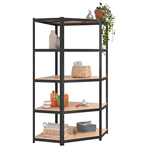 vidaXL 5-Layer Heavy-Duty Corner Shelf Home Indoor Warehouse Workshop Storage Shelf Industrial Shelving Rack Unit Gray Steel and Engineered Wood