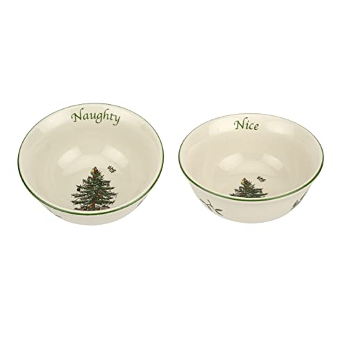 Spode Christmas Tree Collection Dip Bowls, set of 2, Naughty and Nice, Beige/Green, Ceramic Serving Bowl, Holiday Dishes, 4-Inches, Dishwasher and Microwave Safe